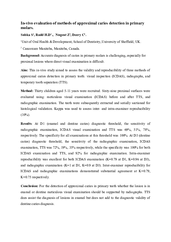 Doc In Vivo Evaluation Of Methods Of Approximal Caries Detection In Primary Molars Samiya