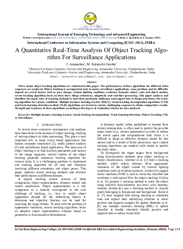 Pdf A Quantitative Real Time Analysis Of Object Tracking Algo Rithm For Surveillance Applications 8443