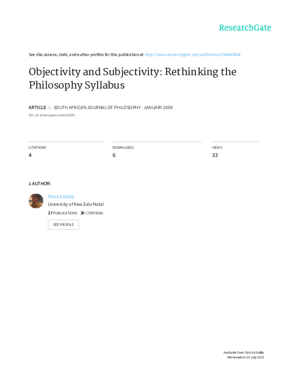 (PDF) Objectivity and Subjectivity: Rethinking the Philosophy Syllabus