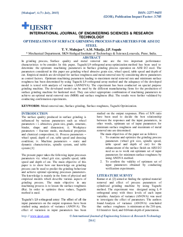 Pdf Optimization Of Surface Grinding Process Parameters For Aisi D2 Steel