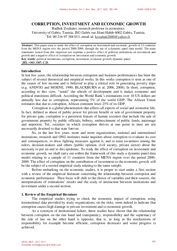 (PDF) CORRUPTION, INVESTMENT AND ECONOMIC GROWTH