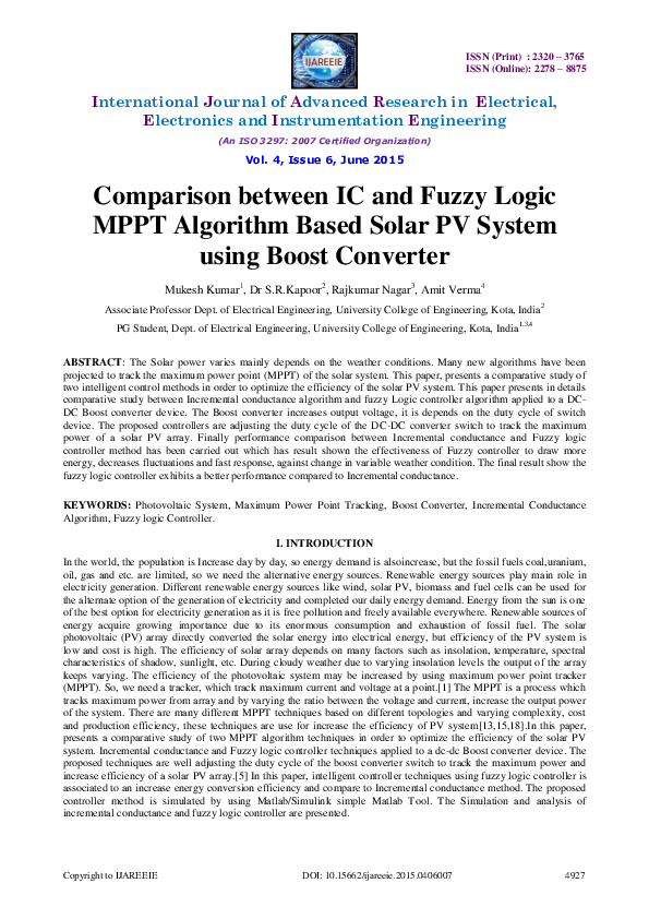 Pdf ”comparison Between Ic And Fuzzy Logic Mppt Algorithm Based Solar