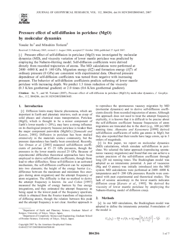 (PDF) Pressure effect of self-diffusion in periclase (MgO) by molecular ...