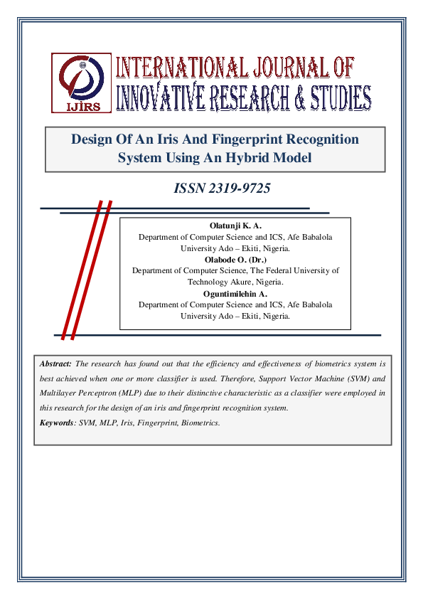 Pdf Design Of An Iris And Fingerprint Recognition System Using Hybrid