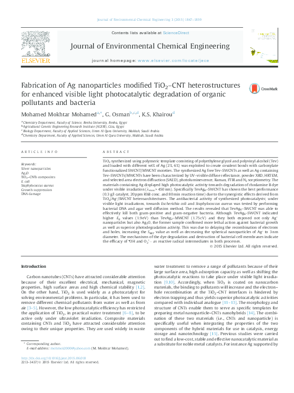 (PDF) Fabrication of Ag nanoparticles modified TiO2–CNT heterostructures for enhanced visible ...