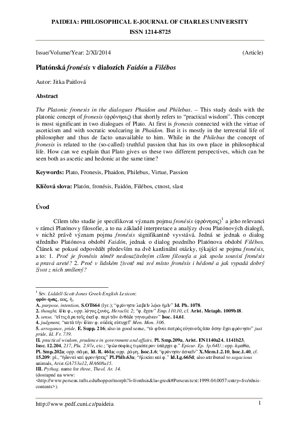 Platónská fronésis v dialozích Faidón a Filébos (The Platonic Fronesis ...