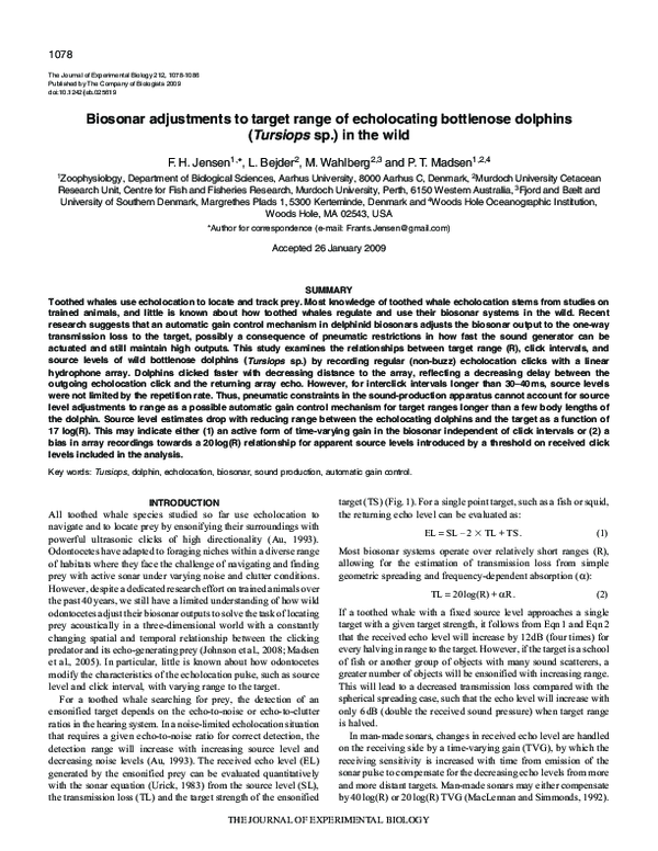 (PDF) Biosonar adjustments to target range of echolocating bottlenose dolphins (Tursiops sp.) in ...