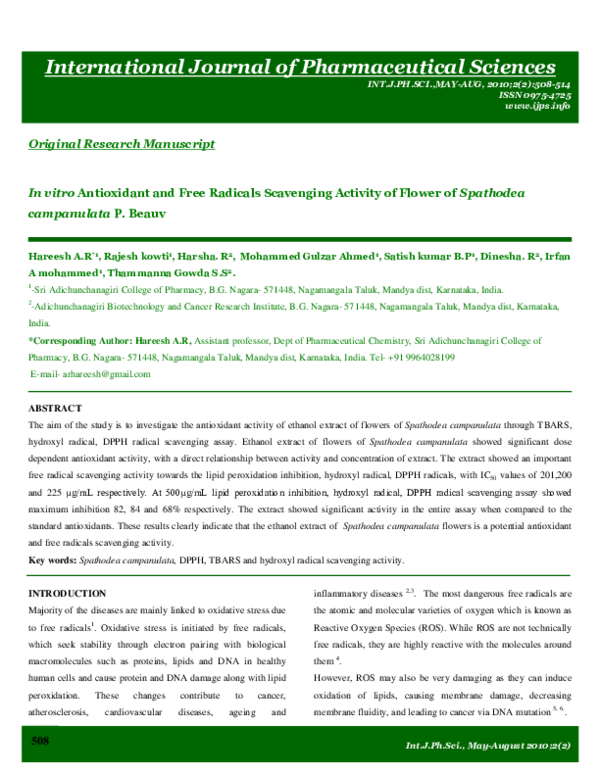 (PDF) In vitro Antioxidant and Free Radicals Scavenging Activity of ...