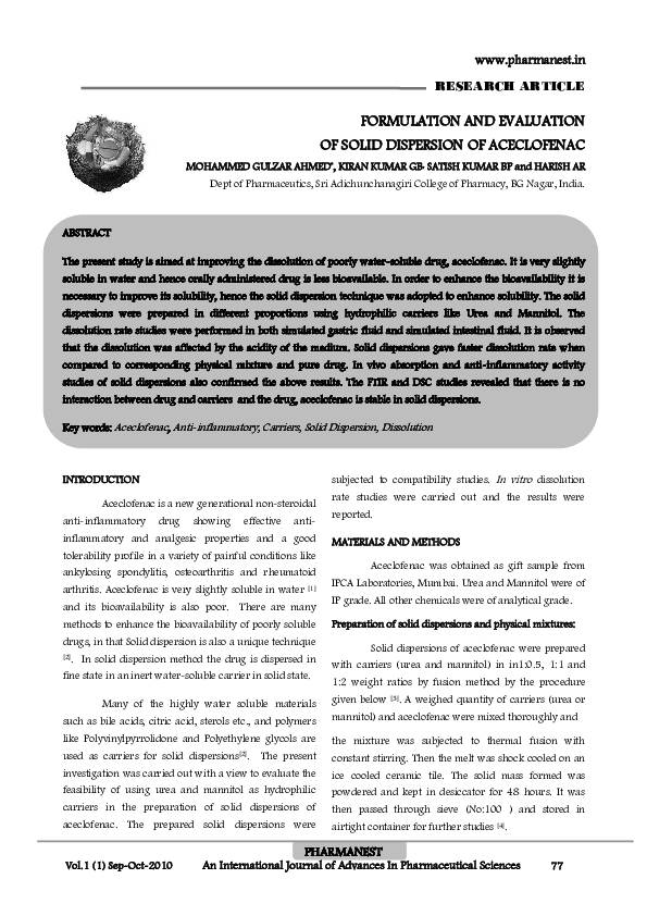 Pdf Formulation And Evaluation Of Solid Dispersion Of Aceclofenac