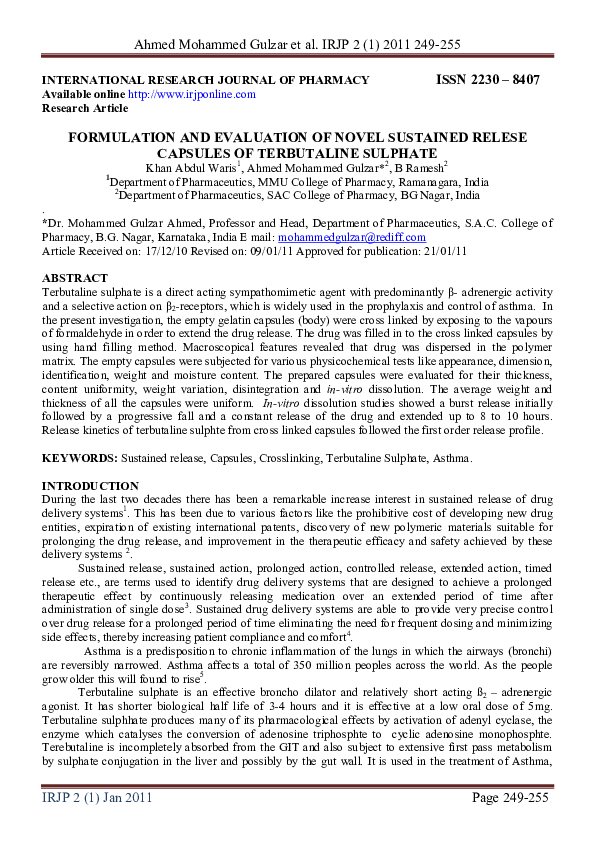 Pdf Formulation And Evaluation Of Novel Sustained Release Capsules Of Terbutaline Sulphate