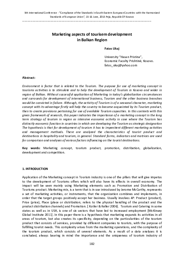 (PDF) Fatos Ukaj - Marketing aspects of tourisem development in Balkan ...