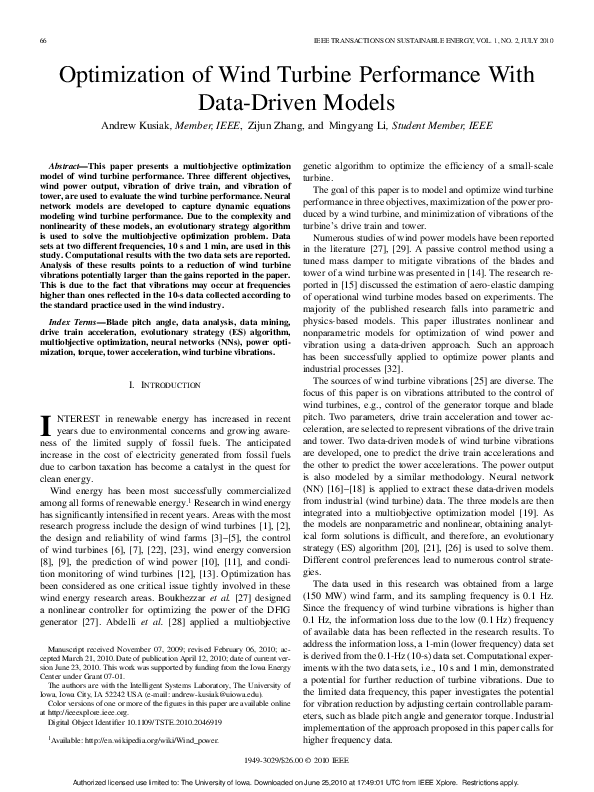 Pdf Optimization Of Wind Turbine Performance With Data Driven Models