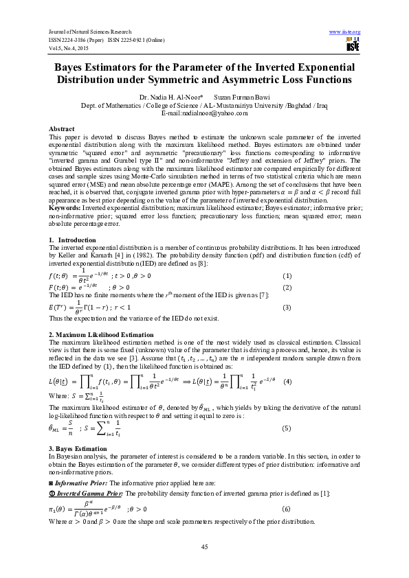 (PDF) Bayes Estimators for the Parameter of the Inverted Exponential Distribution under ...