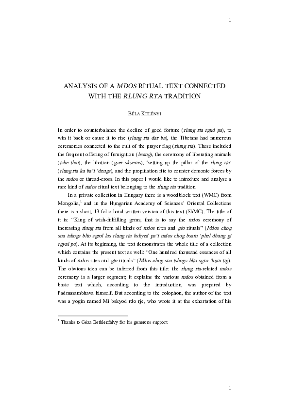 (PDF) Analysis of a Mdos Ritual Text Connected with the Rlung rta Tradition