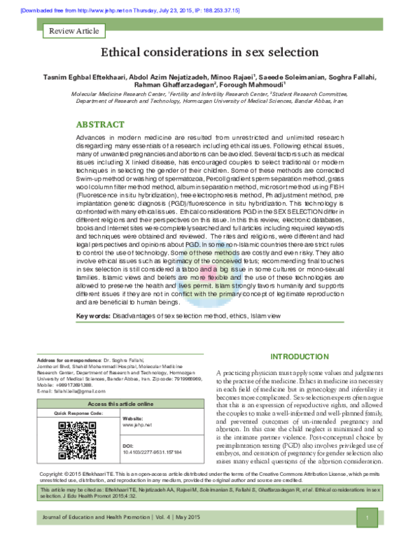 Pdf Ethical Considerations In Sex Selection