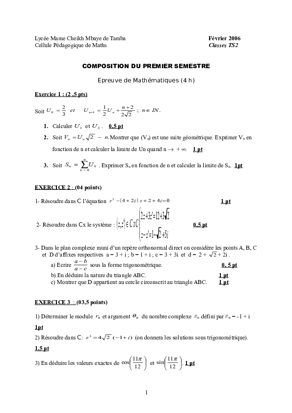 (DOC) Lycée Mame Cheikh Mbaye de Tamba Février 2006 Cellule Pédagogique de Maths Classes TS2 ...