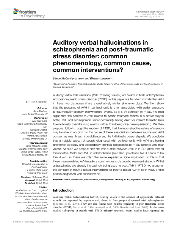 (PDF) Auditory verbal hallucinations in schizophrenia and post-traumatic stress disorder: common ...