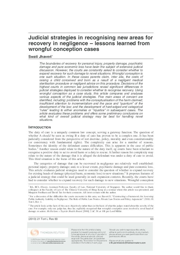 (PDF) Judicial Strategies in recognising new areas for recovery in negligence - lessons learned ...