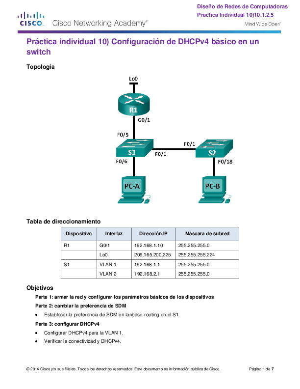 (PDF) Practica individual en PACKET 10)10.1.2.5 Configuracion basica de DHCPv4 en el Switch