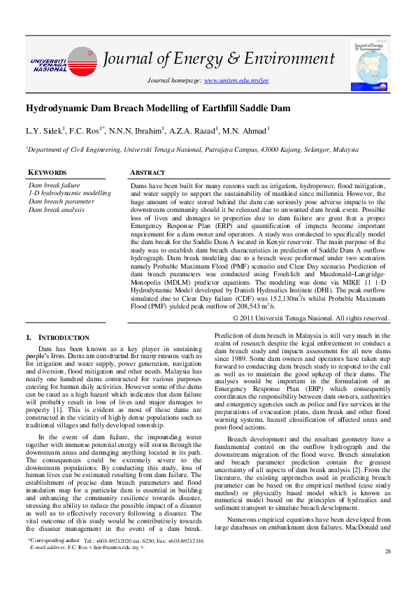 (PDF) Hydrodynamic Dam Breach Modeling of Earthfill Saddle Dam