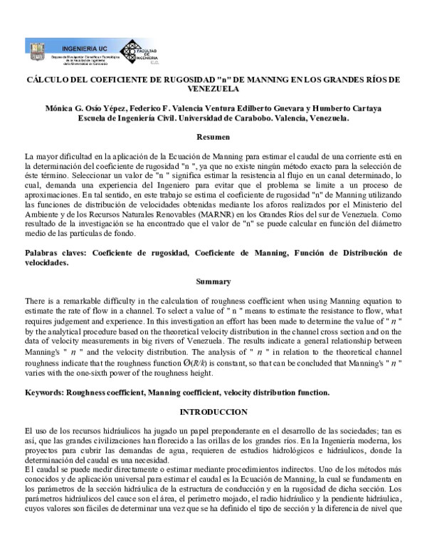 Pdf CÁlculo Del Coeficiente De Rugosidad N De Manning En Los