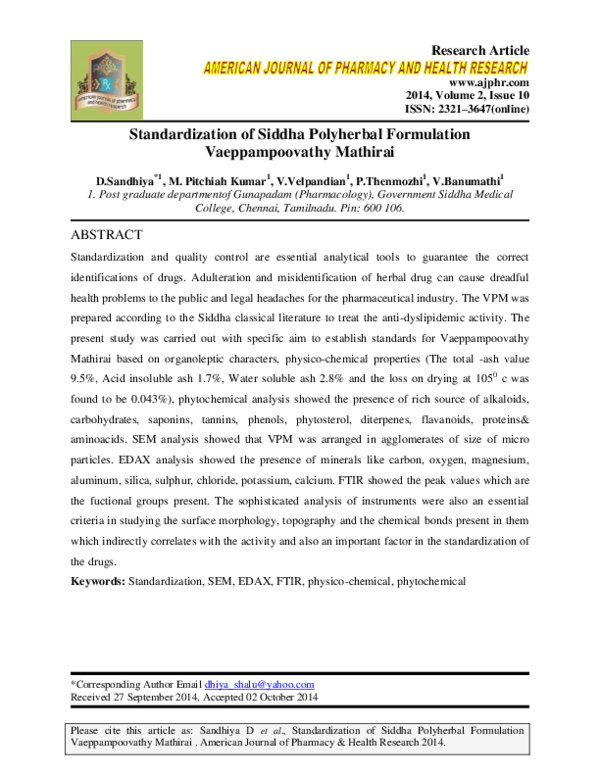 (PDF) Standardization of Siddha Polyherbal Formulation Vaeppampoovathy ...