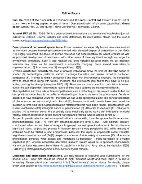 (PDF) REB Call for Papers “Operationalization of dynamic capabilities”