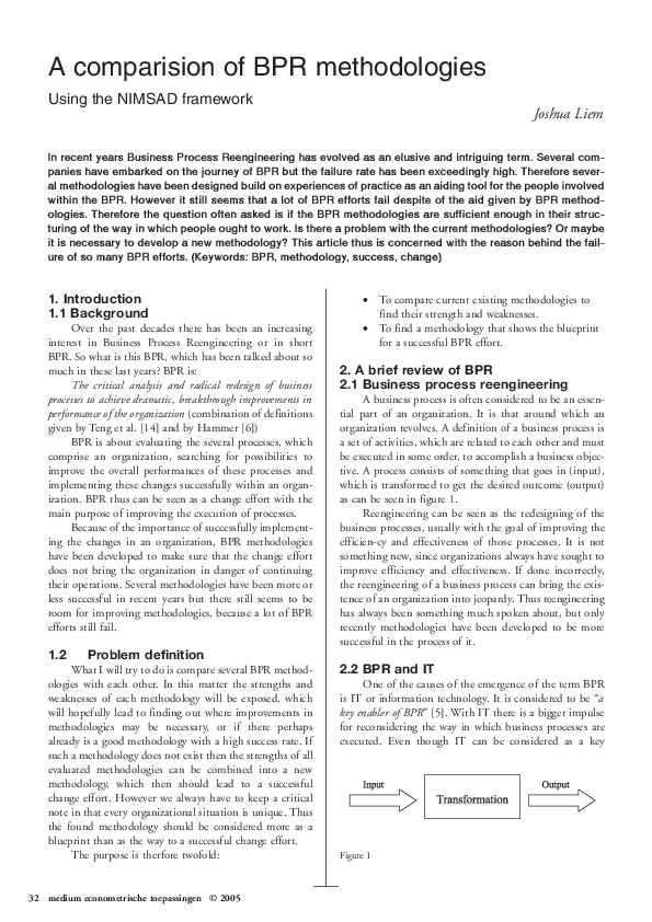 (PDF) A comparision of BPR methodologies Using the NIMSAD framework ...