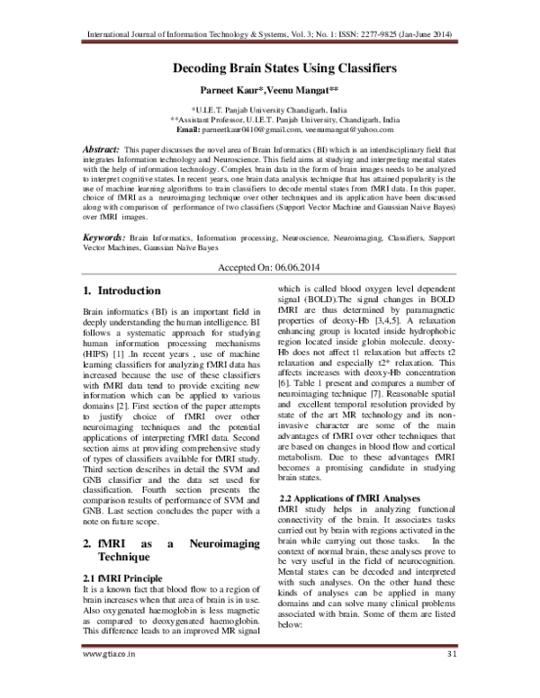 Pdf Decoding Brain States Using Classifiers
