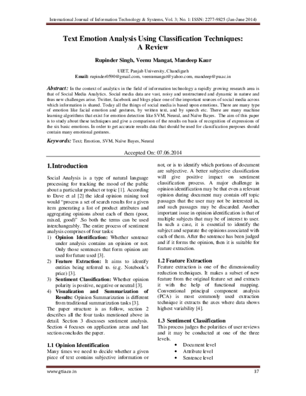 (PDF) Text Emotion Analysis Using Classification Techniques: A Review