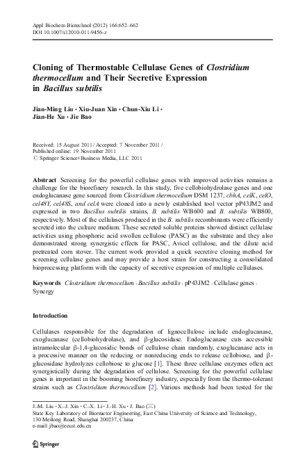 (PDF) Cloning of Thermostable Cellulase Genes of Clostridium thermocellum and Their Secretive ...
