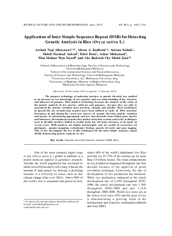 (PDF) Application of Inter Simple Sequence Repeat (ISSR) for Detecting Genetic Analysis in Rice ...