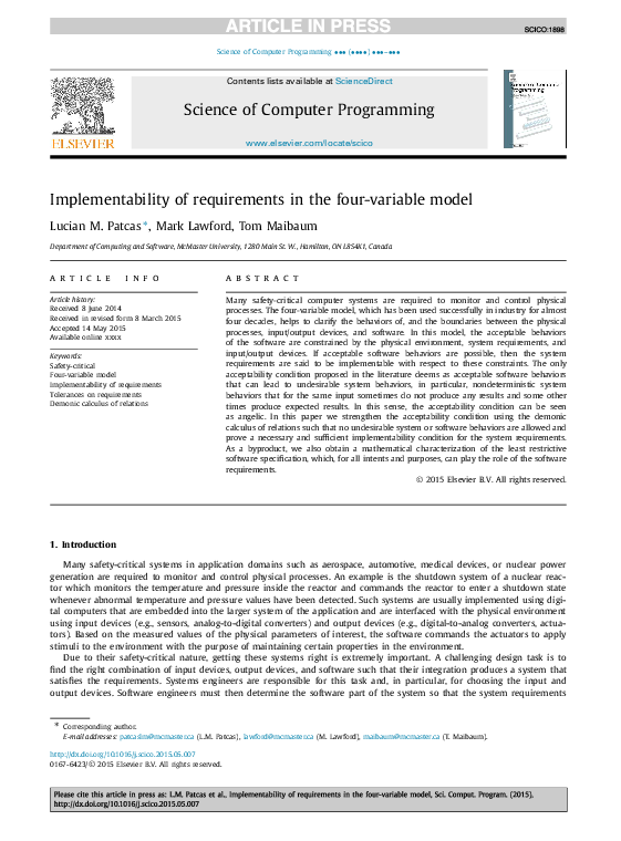 (PDF) Implementability of Requirements in the Four-Variable Model | Mark Lawford - Academia.edu