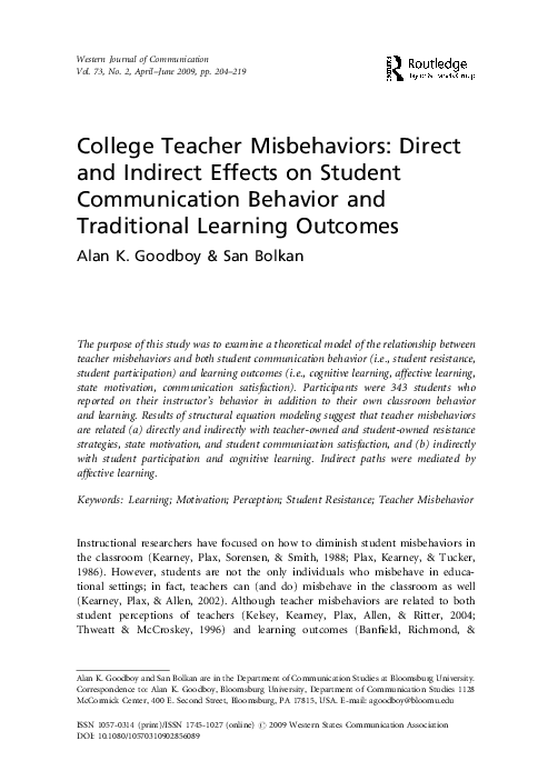 (PDF) College teacher misbehaviors: Direct and indirect effects on student communication ...