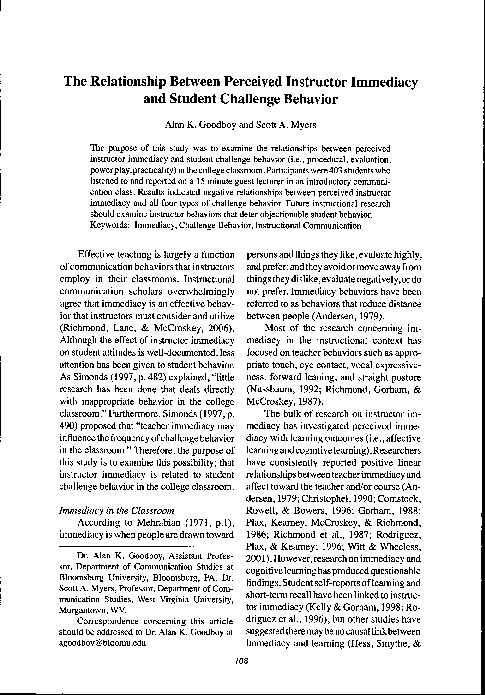 (PDF) The relationship between perceived instructor immediacy and ...
