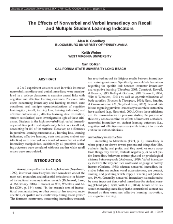 (PDF) The effects of instructor nonverbal and verbal immediacy on ...