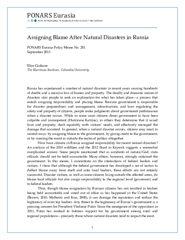 (PDF) Assigning Blame After Natural Disasters in Russia