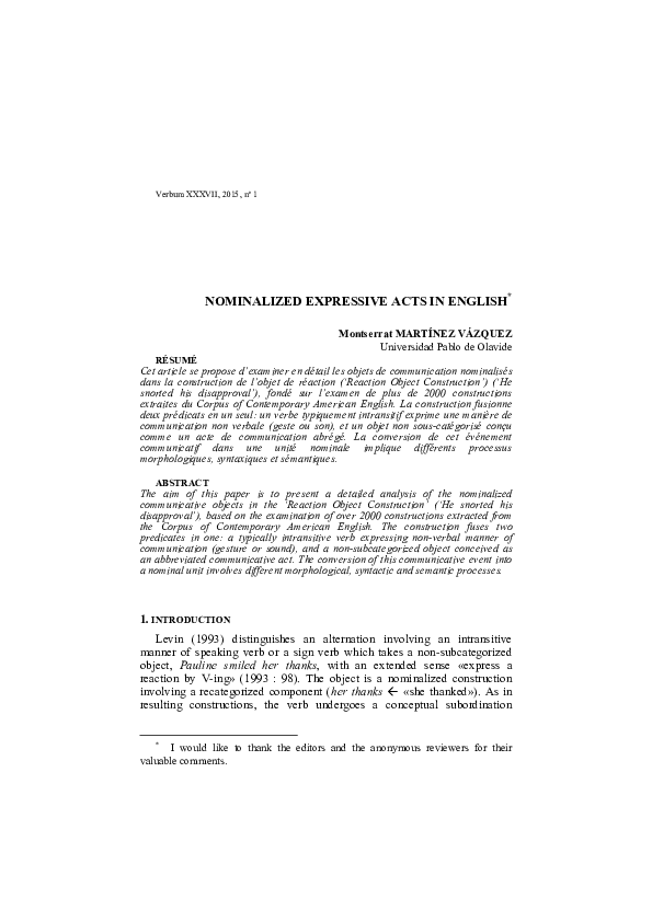 (PDF) Nominalized expressive acts in English. Verbum XXXVII, 2015, no 1 ...