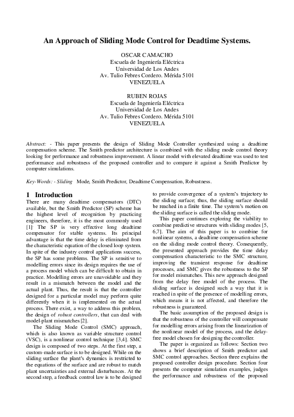 (PDF) An approach of sliding mode control for dead time systems