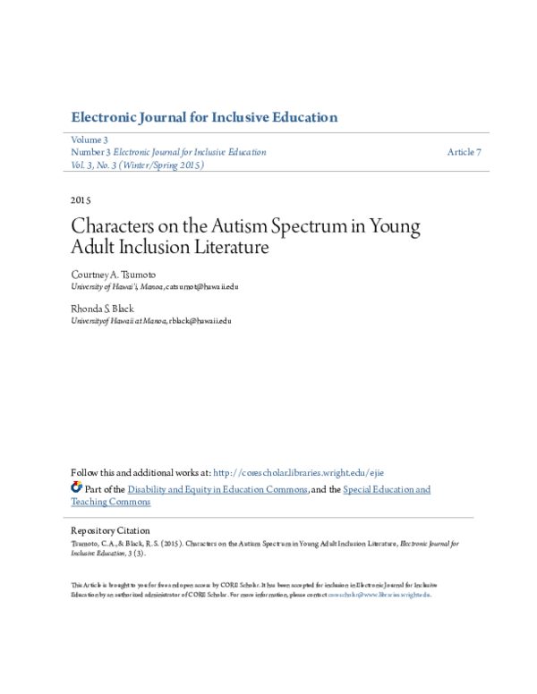 (PDF) Characters on the Autism Spectrum in Young Adult Inclusion Literature