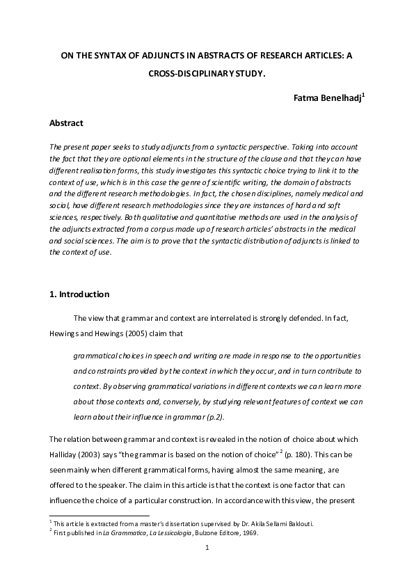 (PDF) ON THE SYNTAX OF ADJUNCTS IN ABSTRACTS OF RESEARCH ARTICLES: A ...