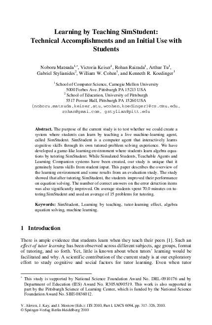 (PDF) Learning by Teaching SimStudent: Technical Accomplishments and an Initial Use with Students