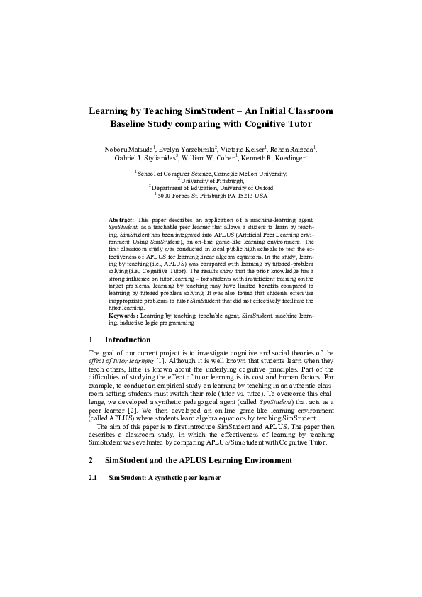 (PDF) Learning by Teaching SimStudent An Initial Classroom Baseline Study comparing with ...