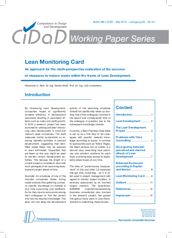 (PDF) Lean Monitoring Card: An approach for the multi-perspective ...