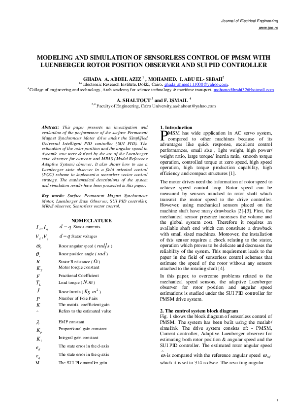 Pdf Modeling And Simulation Of Sensorless Control Of Pmsm With Luenberger Rotor Position
