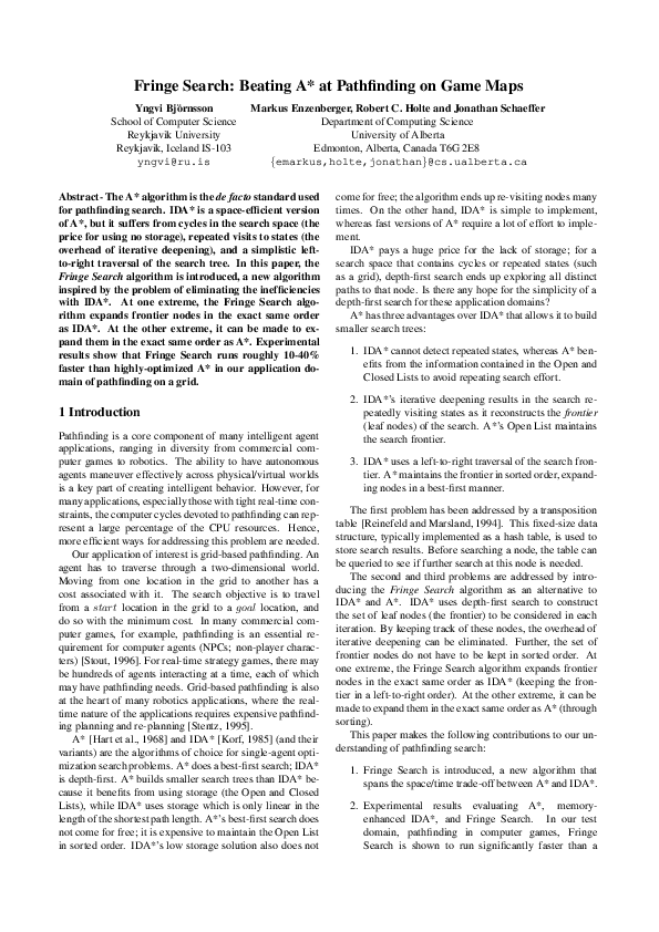 (PDF) Fringe search: beating A* at pathfinding on game maps