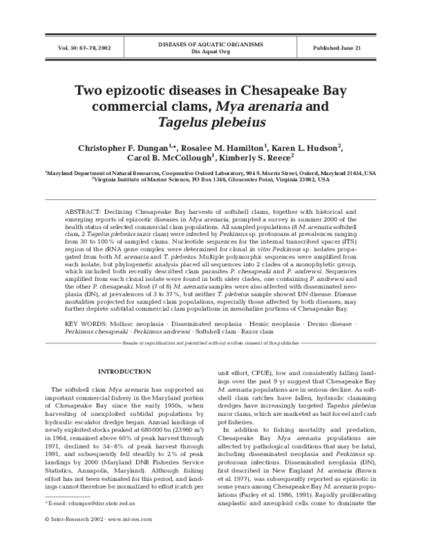 (PDF) Two epizootic diseases in Chesapeake Bay commercial clams, Mya ...
