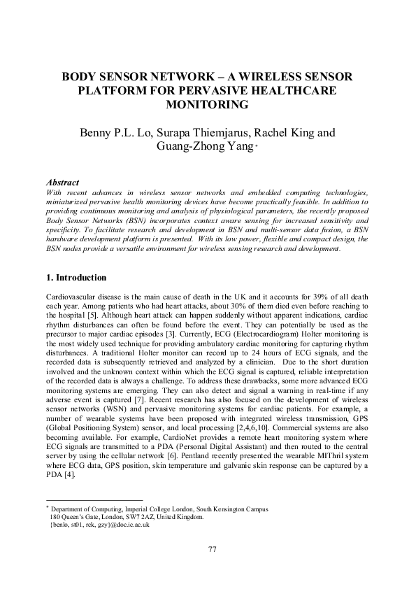 (PDF) Body Sensor Network - A Wireless Sensor Platform for Pervasive Healthcare Monitoring