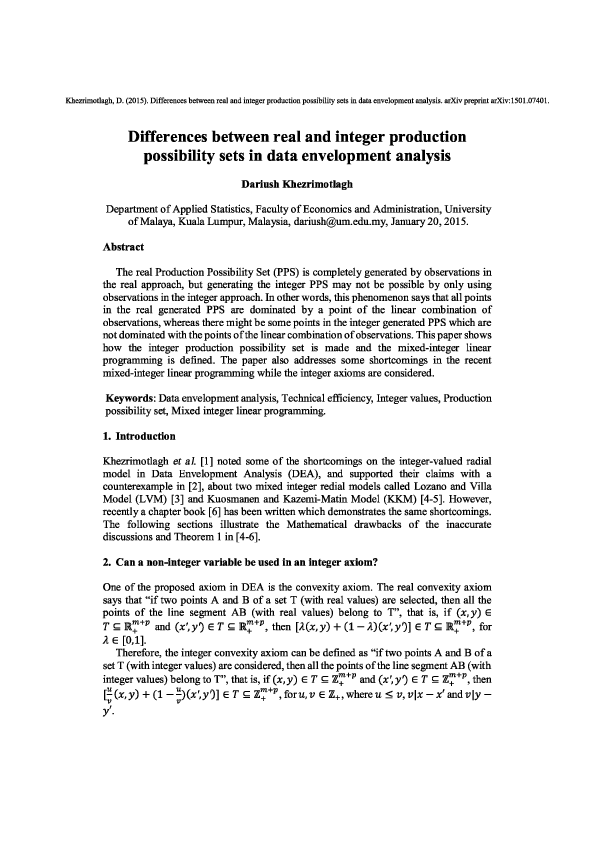 (PDF) Differences between real and integer production possibility sets in data envelopment analysis