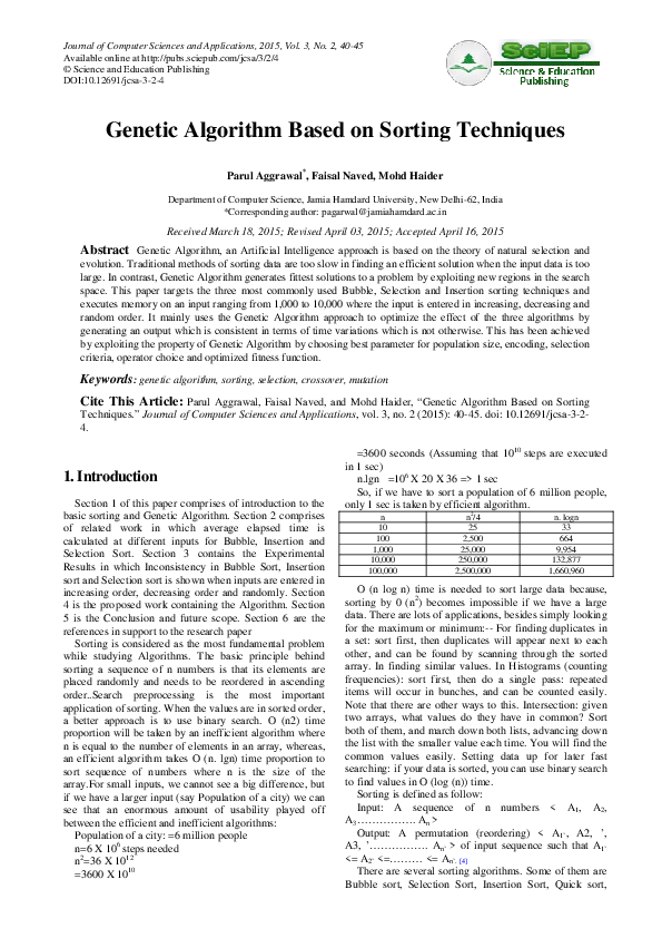 (PDF) Genetic Algorithm Based on Sorting Techniques